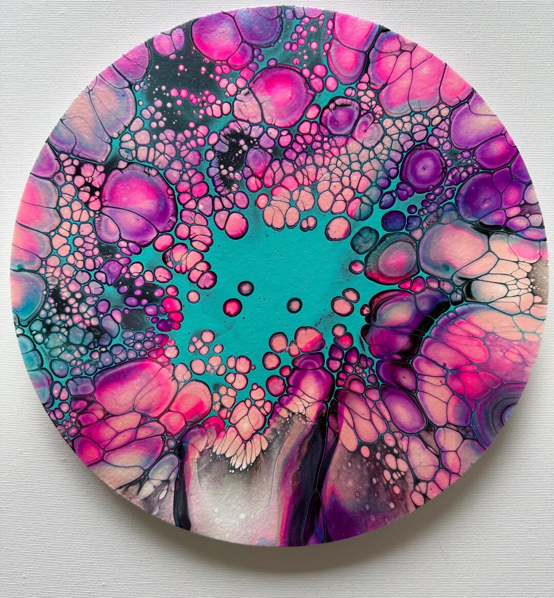 29.5cm Round Acrylic Pour Painting on MDF Board Iridescent Neon Colours ...