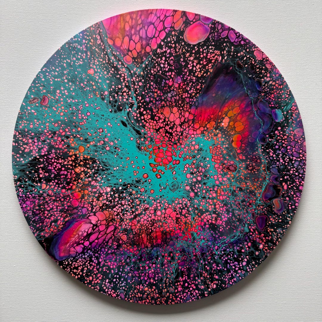 50cm Large Round Acrylic Pour Painting on Canvas Neon Colours Pink ...