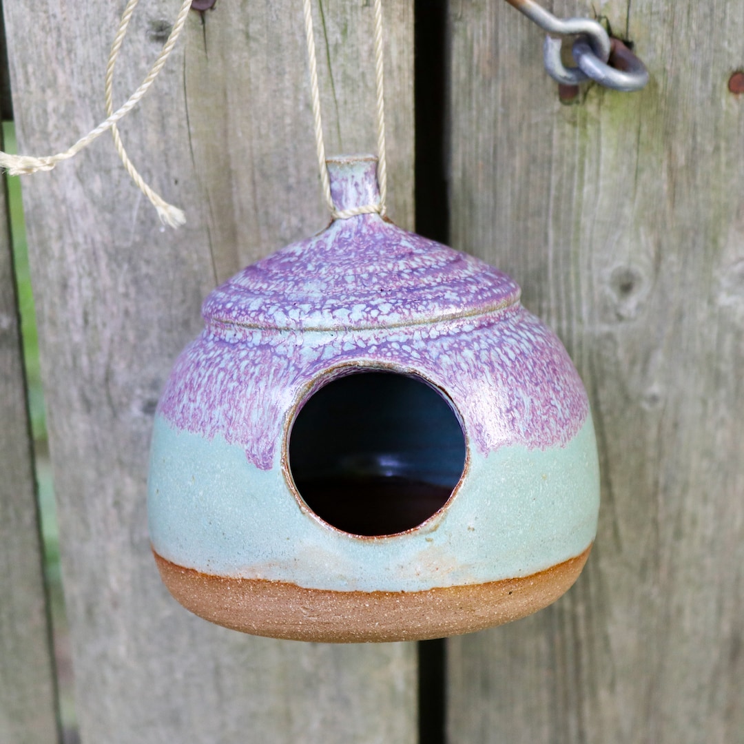 Ceramic Song Bird House, Turquoise and Purple, Stoneware, Outdoor ...