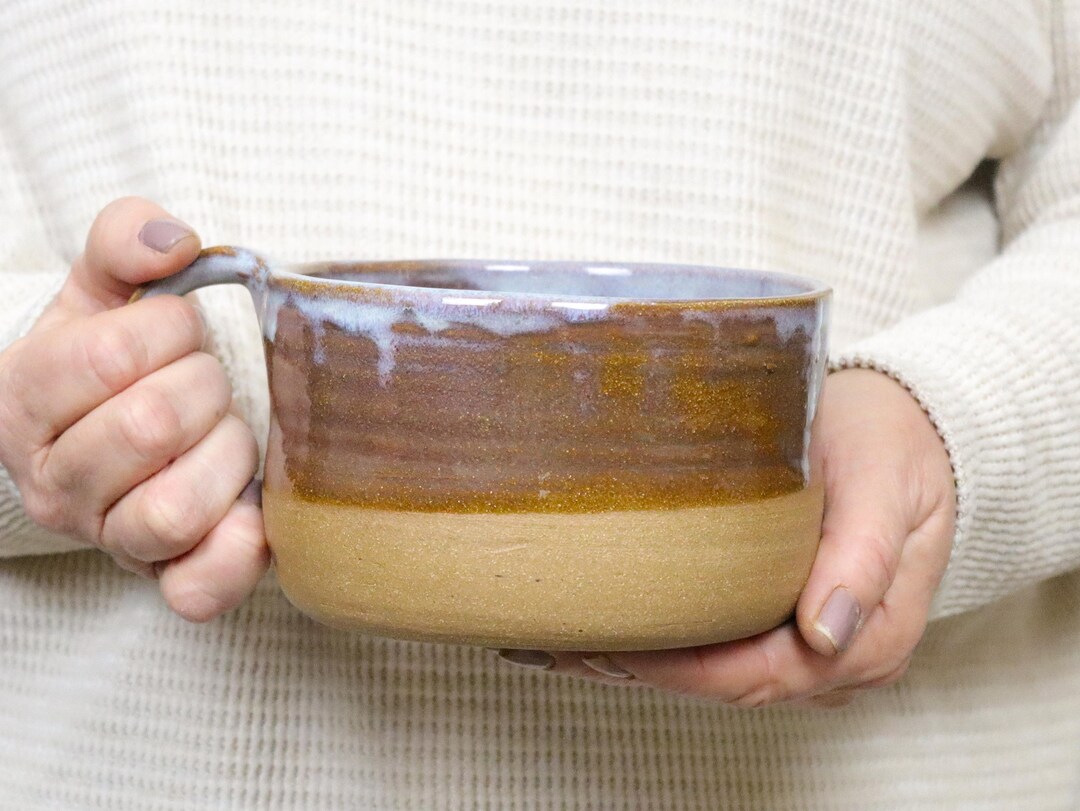 Ceramic Soup Coffee Mug, Large 20 Fl Oz, Brown & Soft Blue Glazes ...