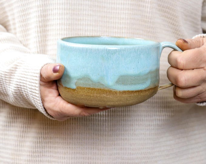 Ceramic Coffee Soup Mug, Large 20 Oz, Turquoise & Cream Glazes ...