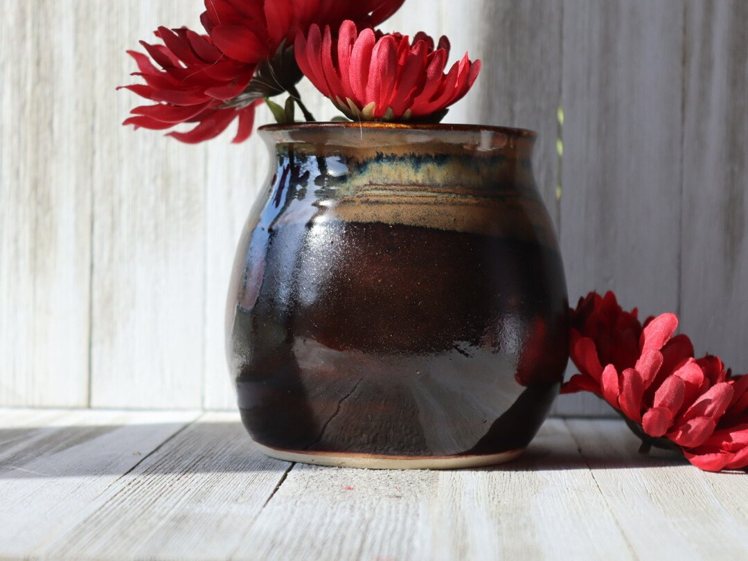 Ceramic Flower Vase, Altered Pottery, Stoneware, Blue, Orange, Amber ...