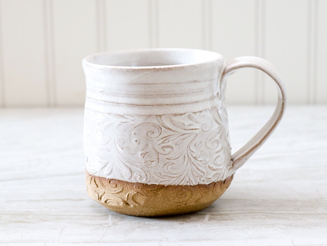 Handmade Stoneware Coffee Mug: Cream Glaze, Leaf Scroll Texture - Etsy