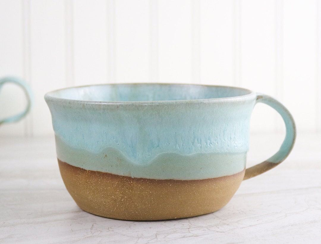 Ceramic Coffee Soup Mug, Large 20 Oz, Turquoise & Cream Glazes ...