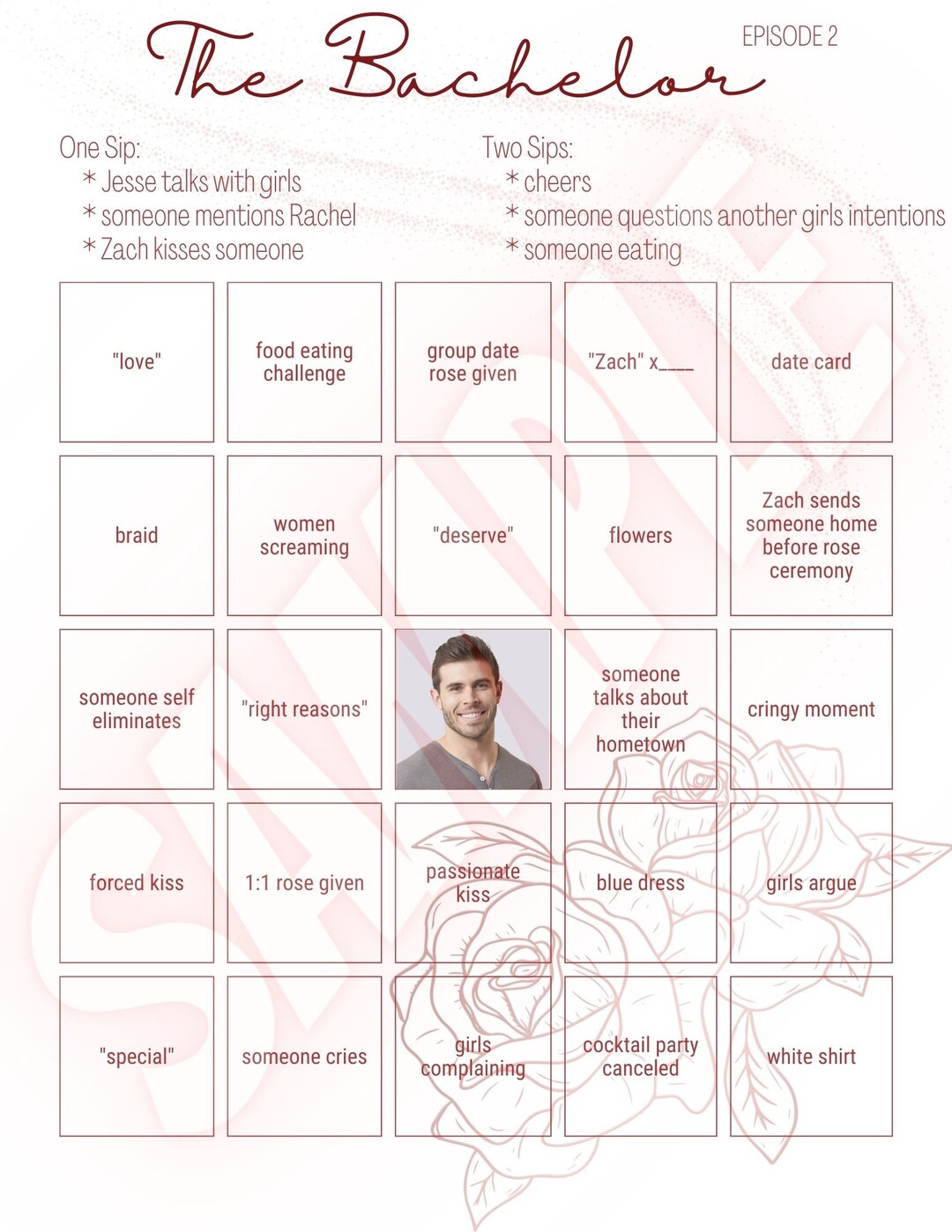 S 27 E2 the Bachelor Zach Bingo and Drinking Game - Etsy
