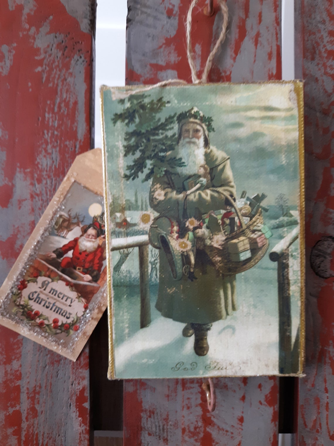 Primitive Old World Santa Crossing Bridge Canvas - Etsy