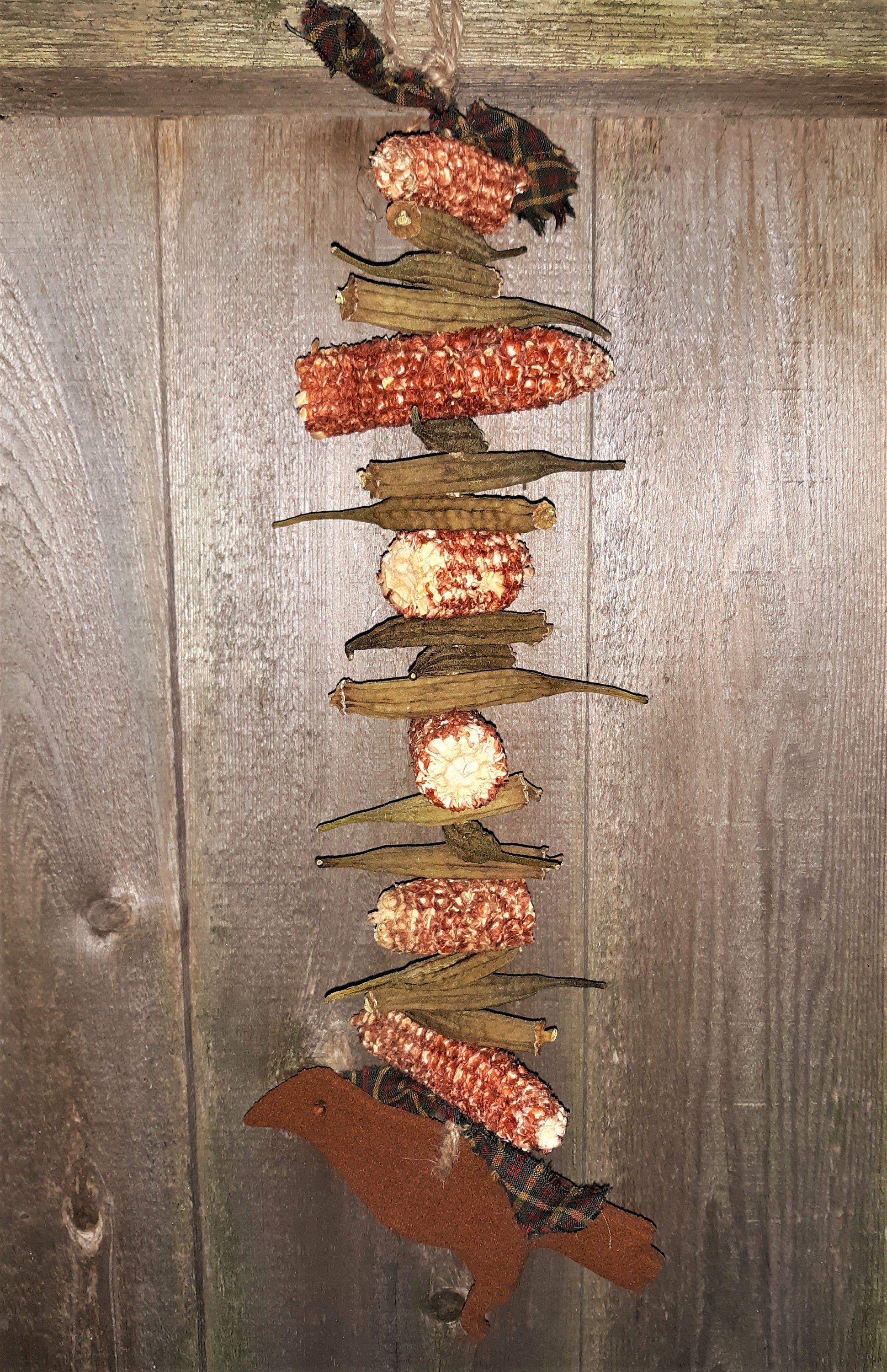 Primitive Autumn Fall Halloween Crow Corn Cob Okra Twine Cupboard Hang ...