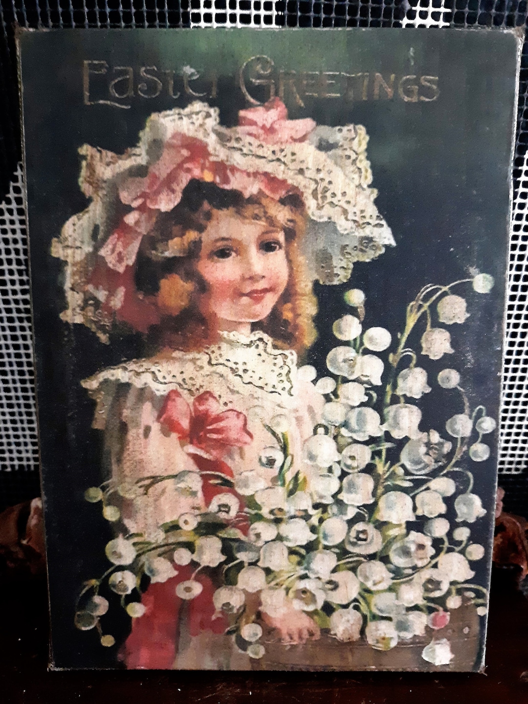 Primitive Vintage Easter Print Girl Lily of the Valley Floral Canvas ...