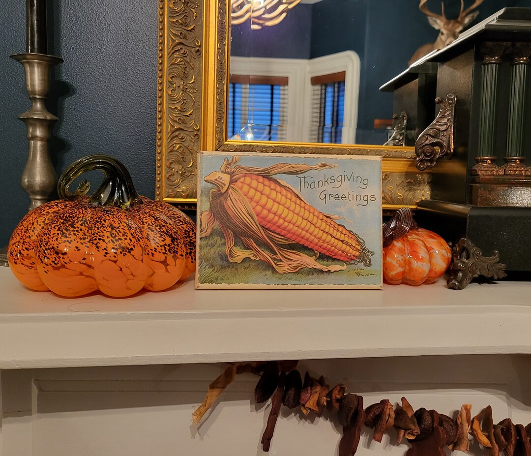 Primitive Thanksgiving Vintage Postcard Print Corn Husk Canvas Cupboard ...