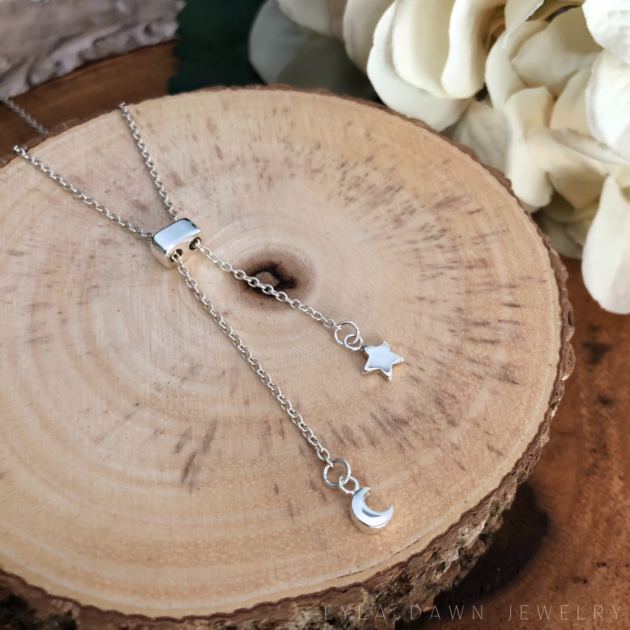 Moon and Stars Necklace / Sterling Silver Adjustable Lariat | Etsy