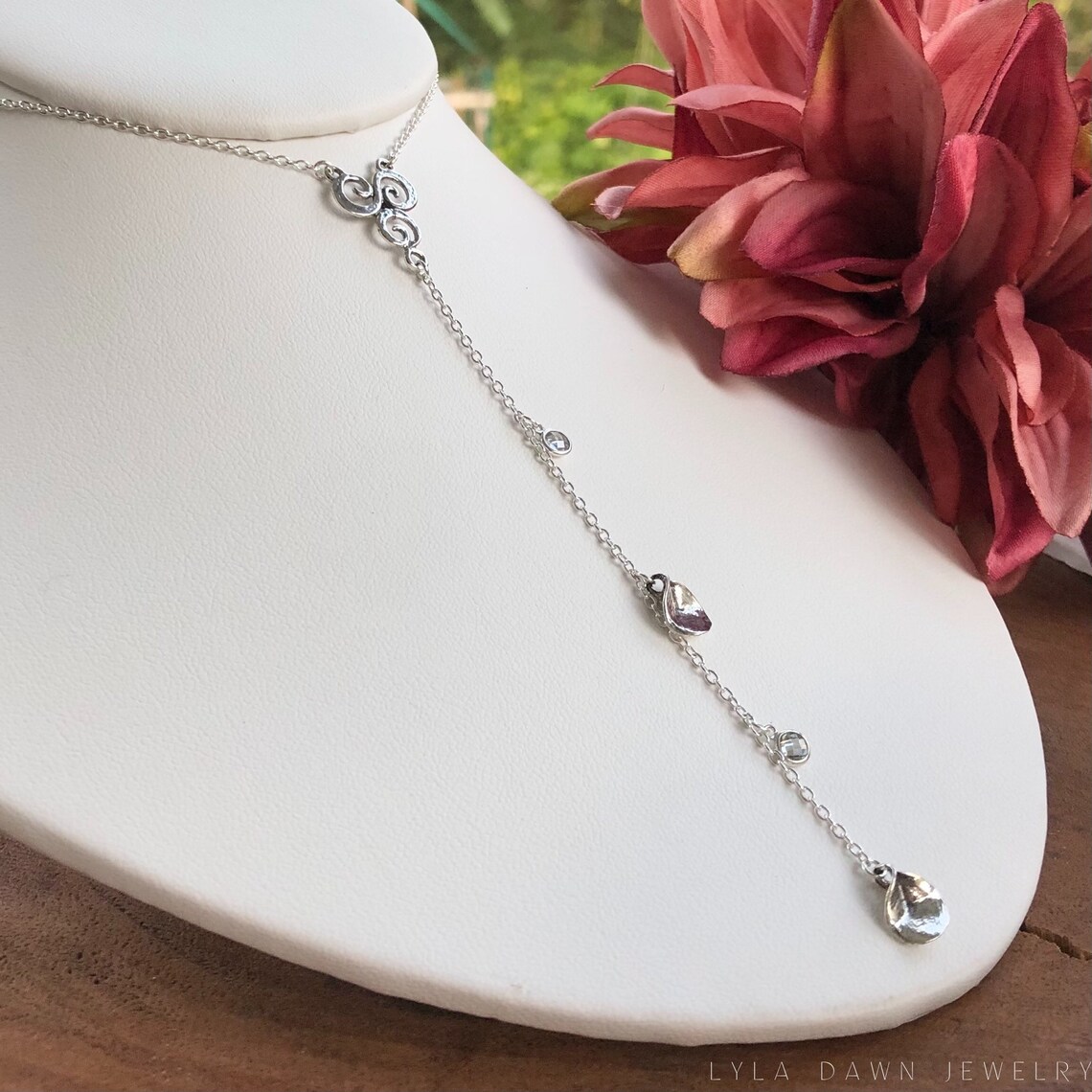 Unique Y Necklace / Oxidized Swirl Y Necklace W/ CZ and Petal - Etsy