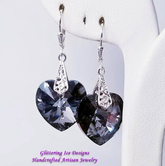 Crystal Silver Night Heart Shape Swarovski Crystal Earrings | Etsy