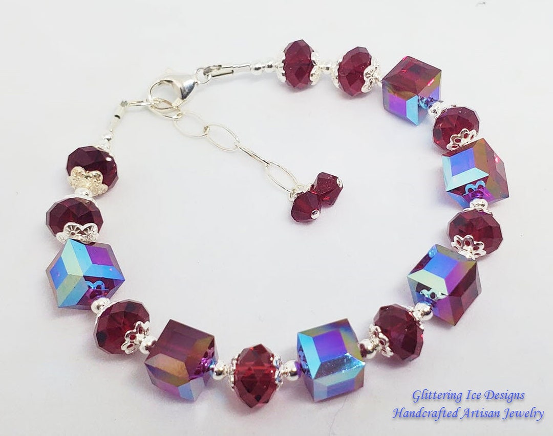 Iridescent Maroon Austrian Crystal Cube Bracelet, Holiday Bracelet ...