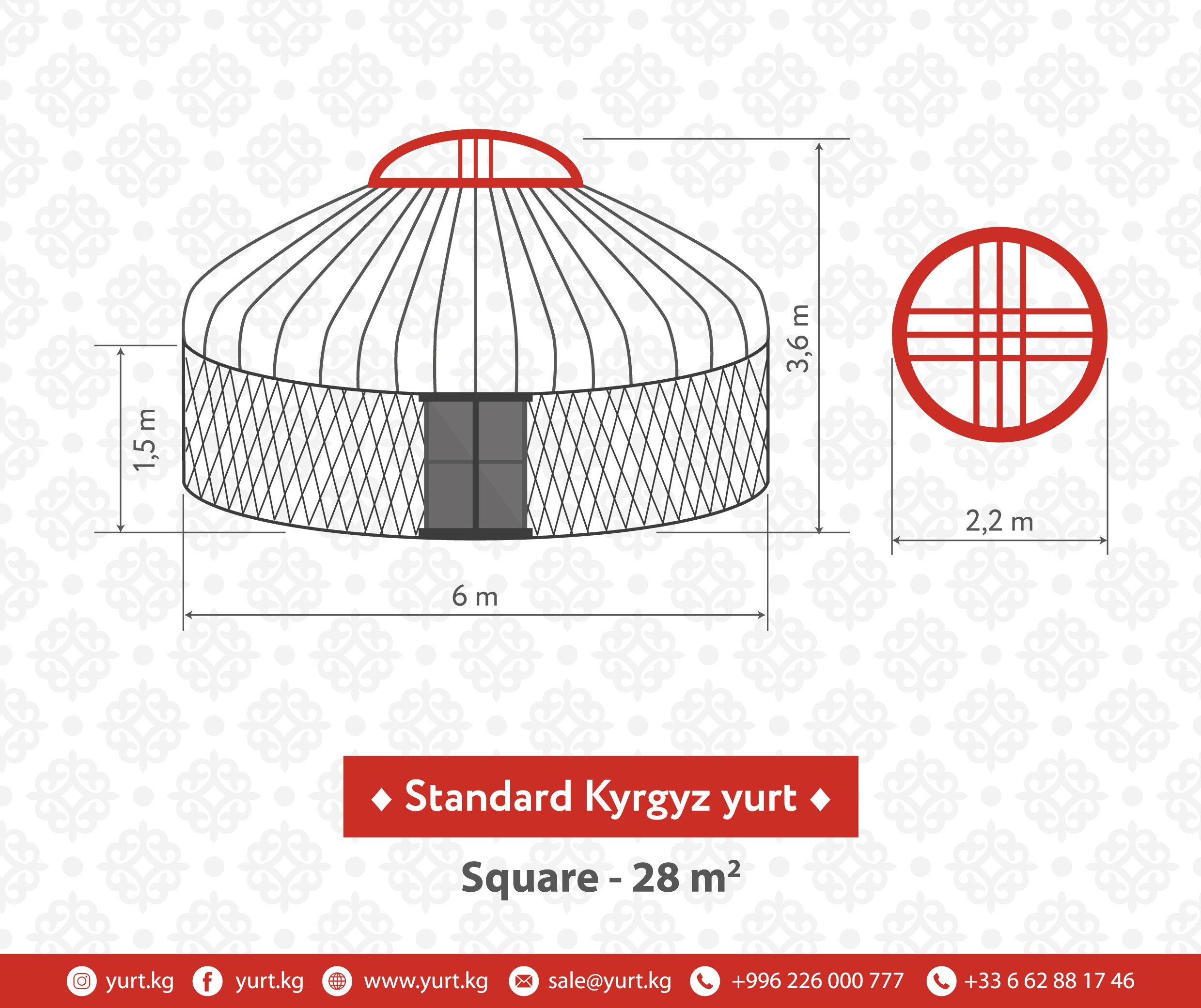 STANDARD Kyrgyz Yurt, 6 Lattice Wall Components, Diameter 6 M, Floor ...