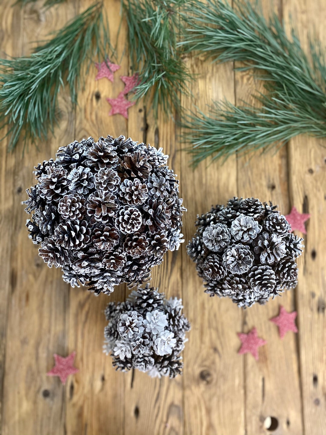 Handmade White Christmas Pine Cone Ball Decorations Hangable - Etsy