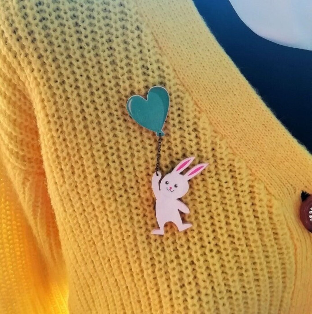 White Rabbit Wood Pin, White Rabbit Pin, Rabbit With Ballon Pin, Cute ...