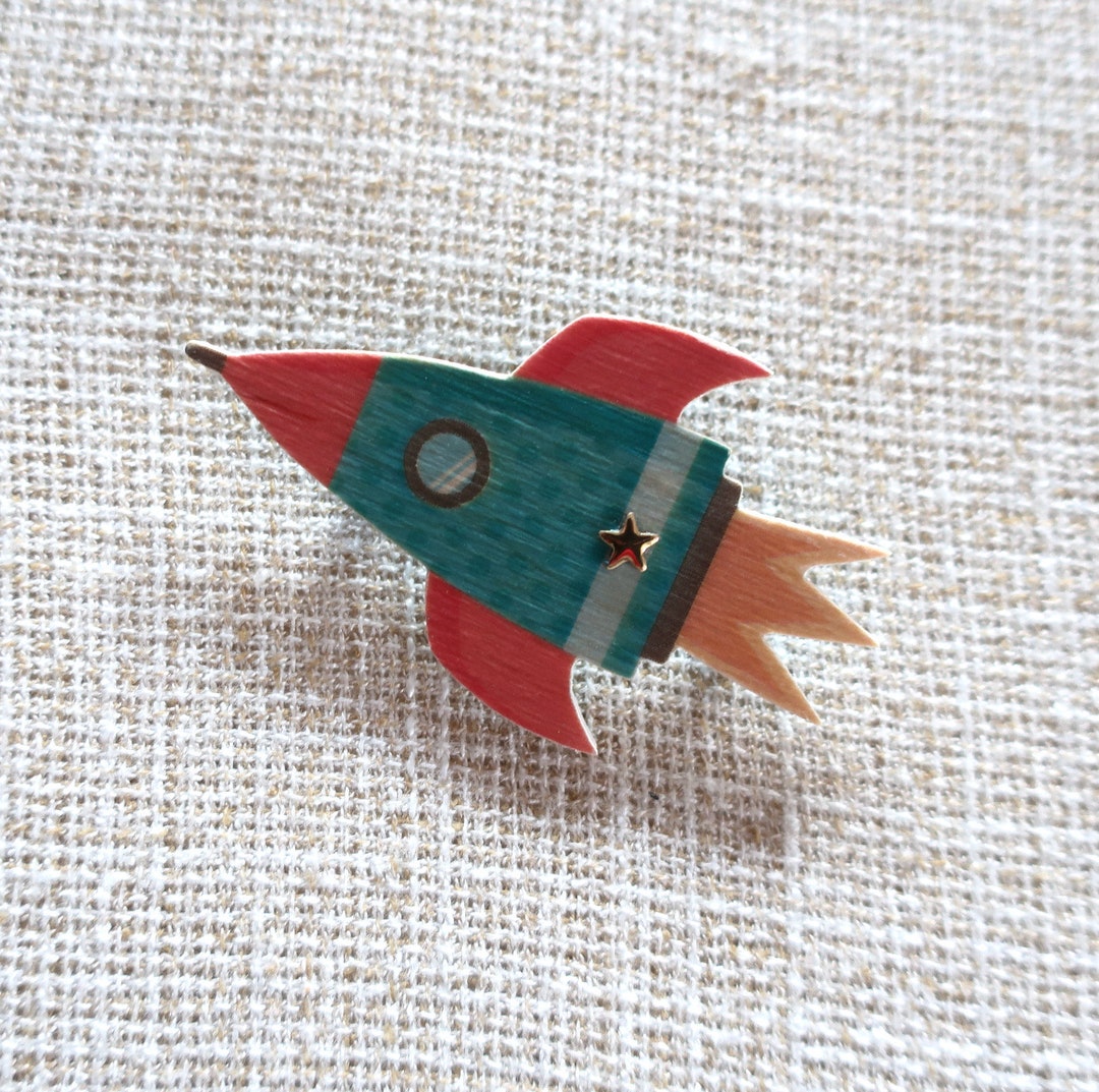 Rocket Brooch, Wood Brooch, Wooden Brooch, Blue Rocket Brooch, Space ...