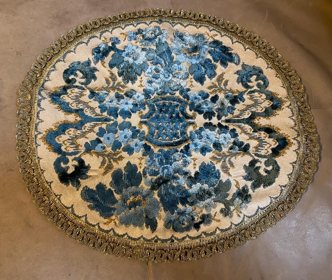 Blue Velvet Floral Vintage Doily With Gold Trim - 14” X 13” - Oval ...