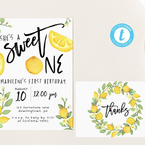 EDITABLE Lemons 1st Birthday and Baptism Invite Lemon First - Etsy