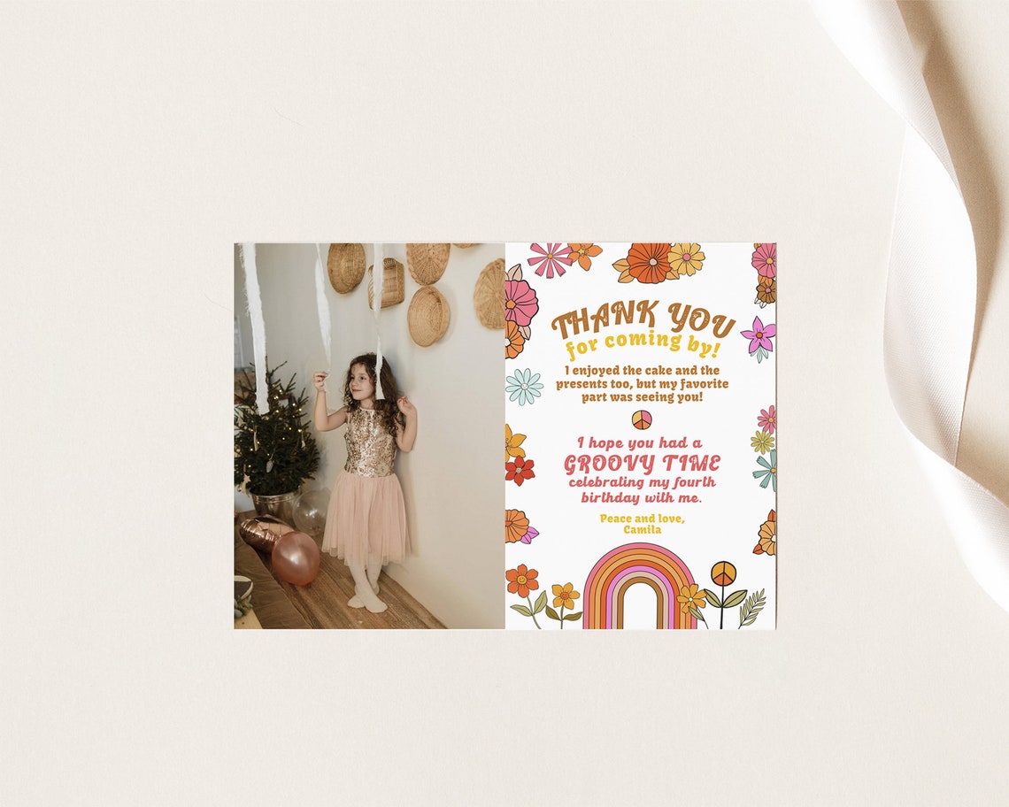EDITABLE Retro Hippie Birthday Thank You With Picture, Groovy Birthday ...