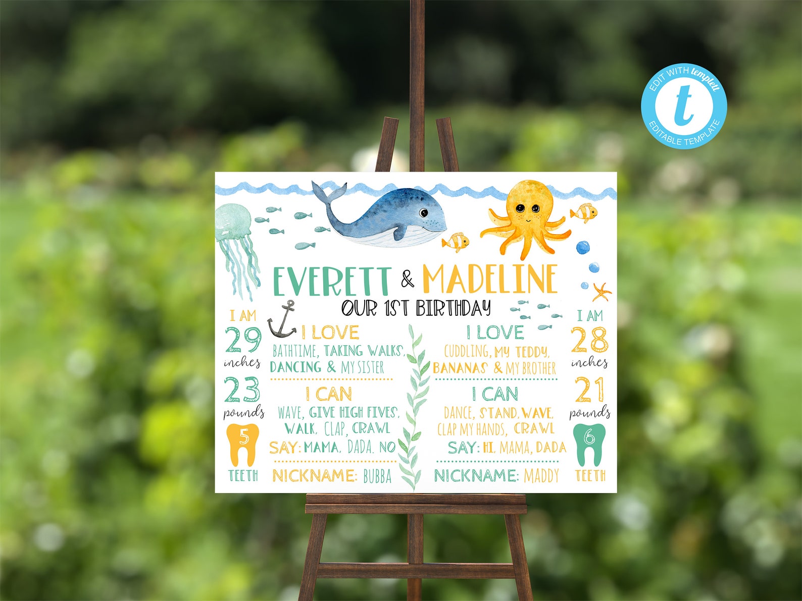 EDITABLE Twins Under the Sea Birthday Board Ocean Board - Etsy