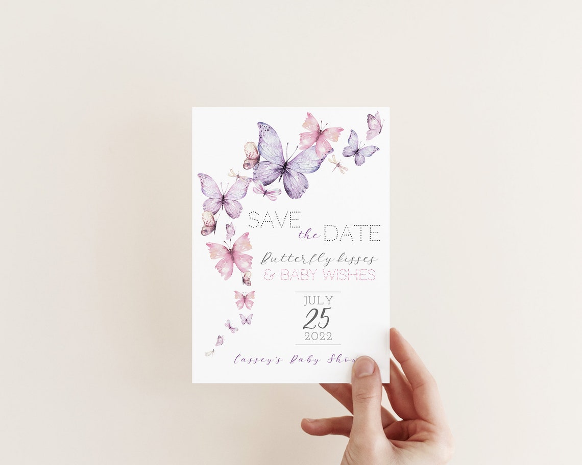 Butterfly Save the Date Invite, Butterfly Kisses and Baby Wishes, Girl ...