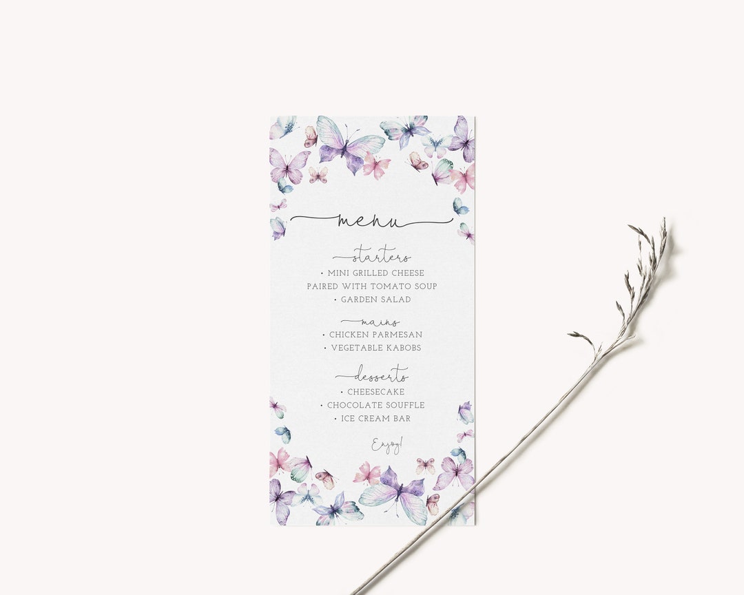 Butterfly Printable Menu, Baby Shower Menu, Butterfly Kisses and Baby ...
