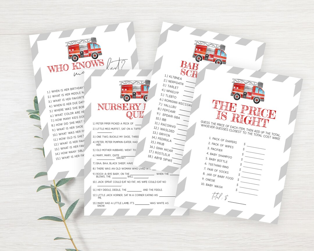 Firetruck Baby Shower Games, the Price is Right, Baby Word Scramble ...