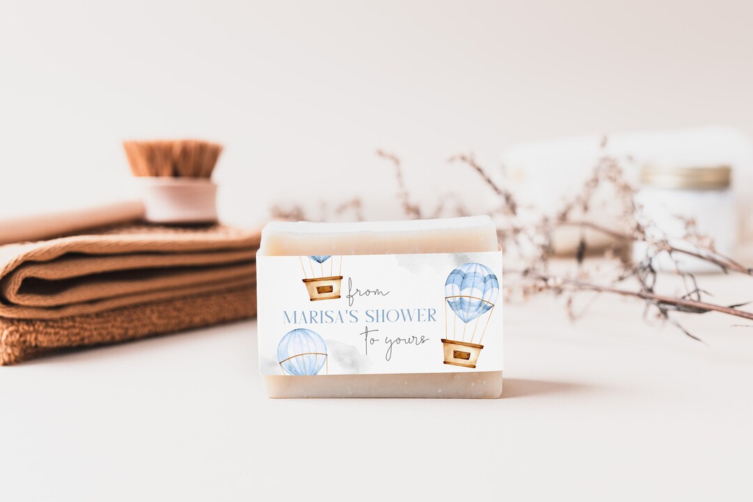 Blue Hot Air Balloon Baby Shower Soap Wrap, Editable Soap Bar Label ...