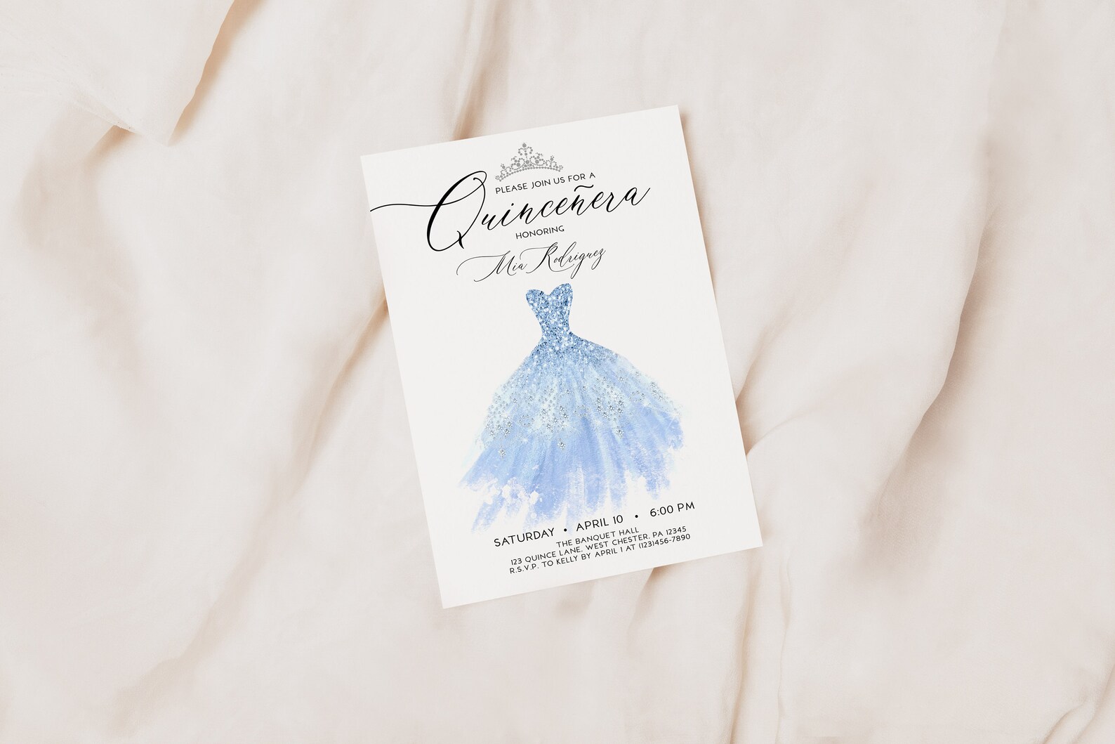 Light Blue Dress Quincenera Invitation, Silver Quince Evite, Blue ...