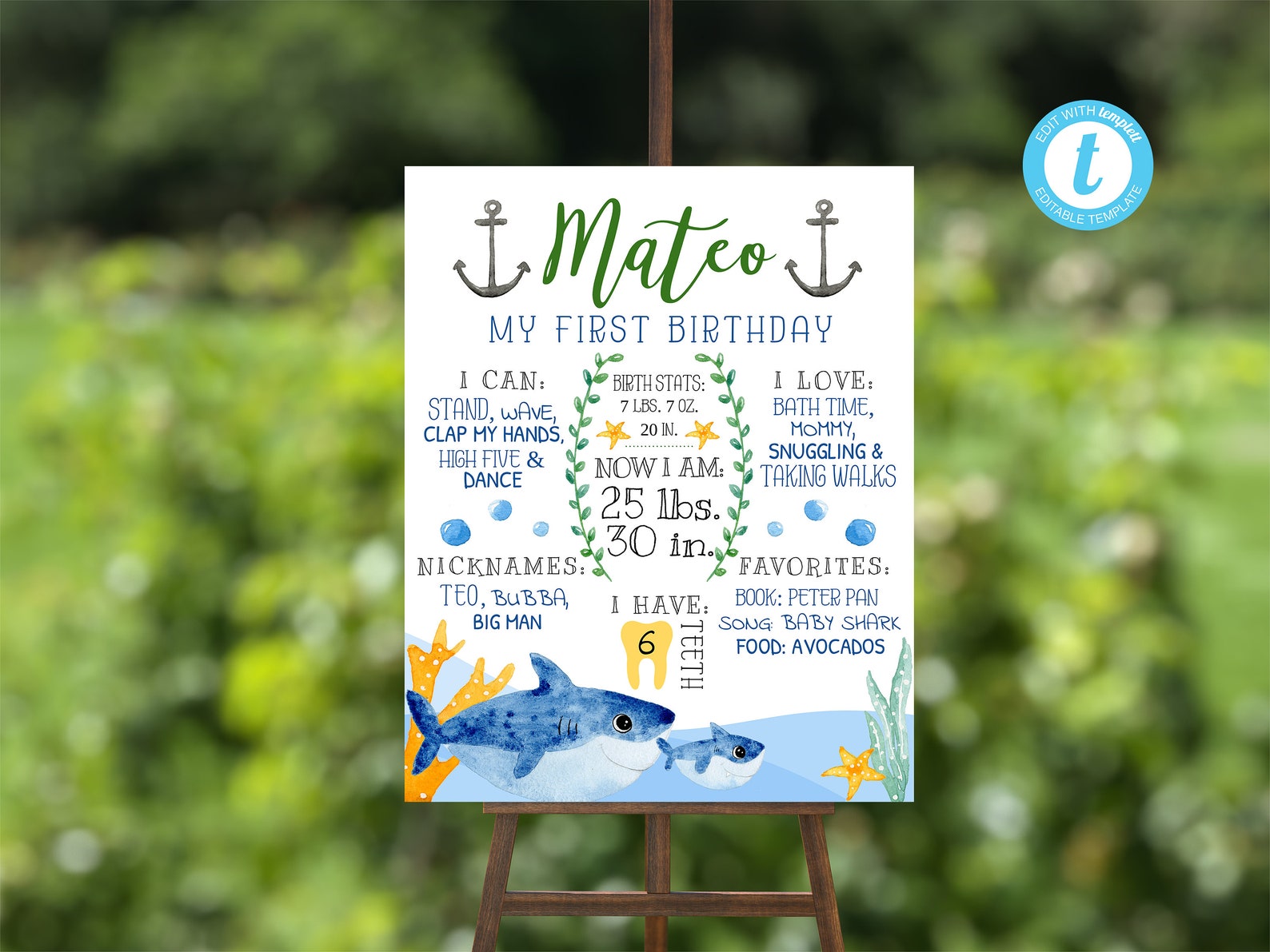 EDITABLE Baby Shark Birthday Board 1st Birthday Milestone - Etsy