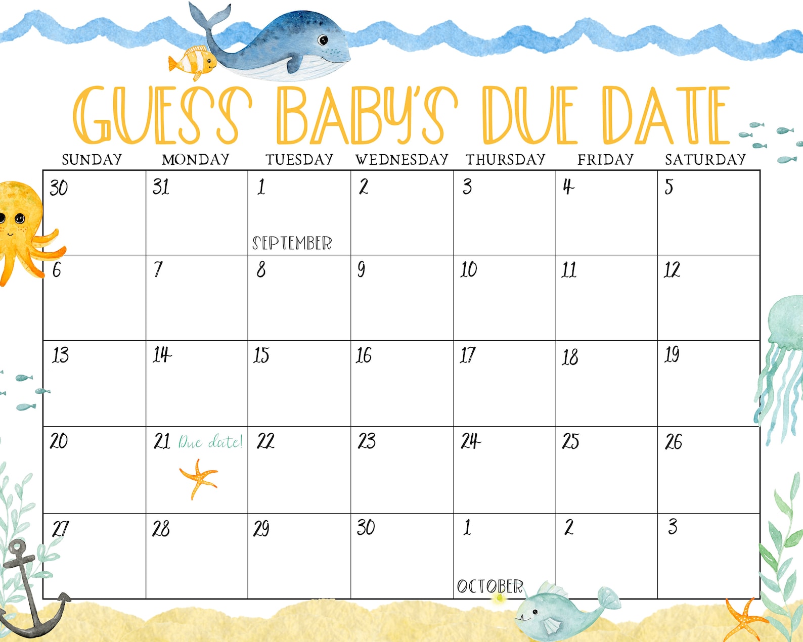 EDITABLE Guess Baby's Due Date Calendar, Under the Sea Baby Shower ...