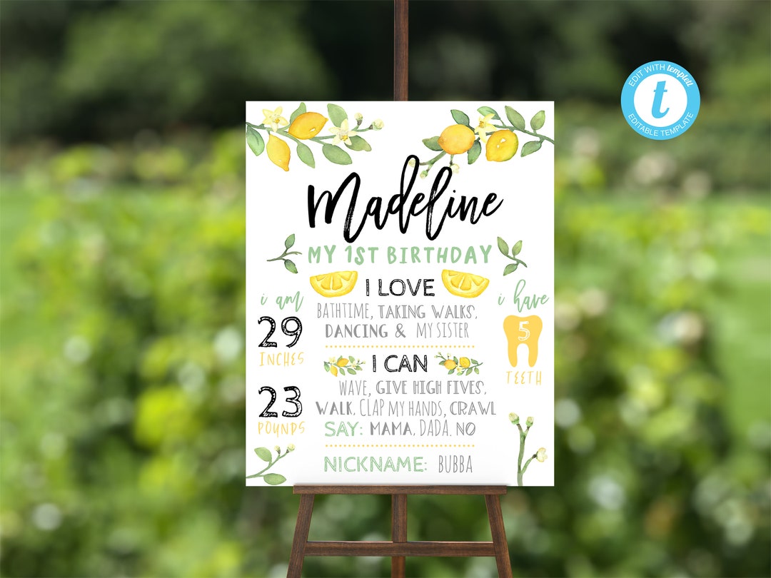 EDITABLE Lemon Birthday Board, Lemons Poster, Citrus Birthday Milestone ...