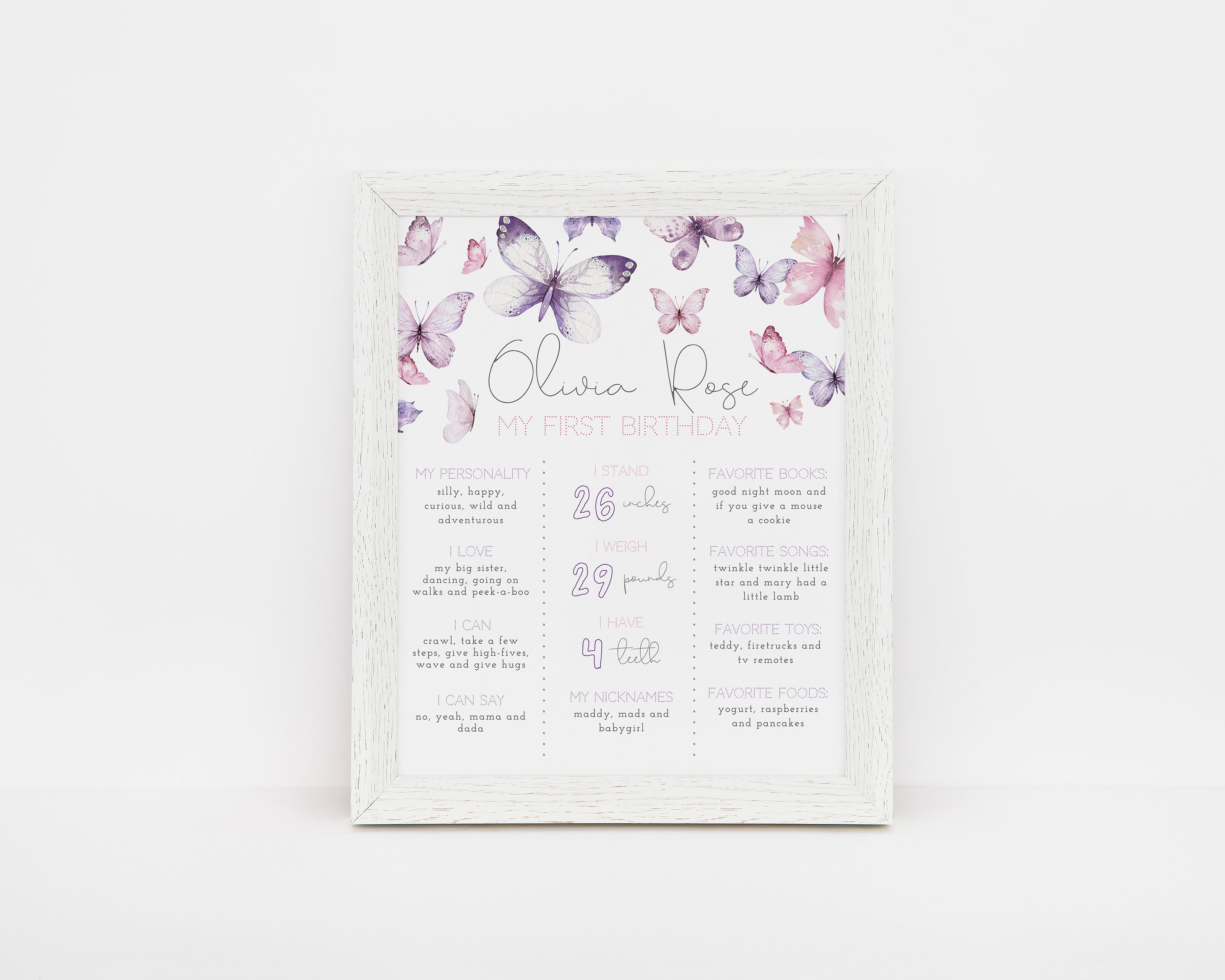 EDITABLE Pink and Purple Butterfly Birthday Board, 1st Birthday ...