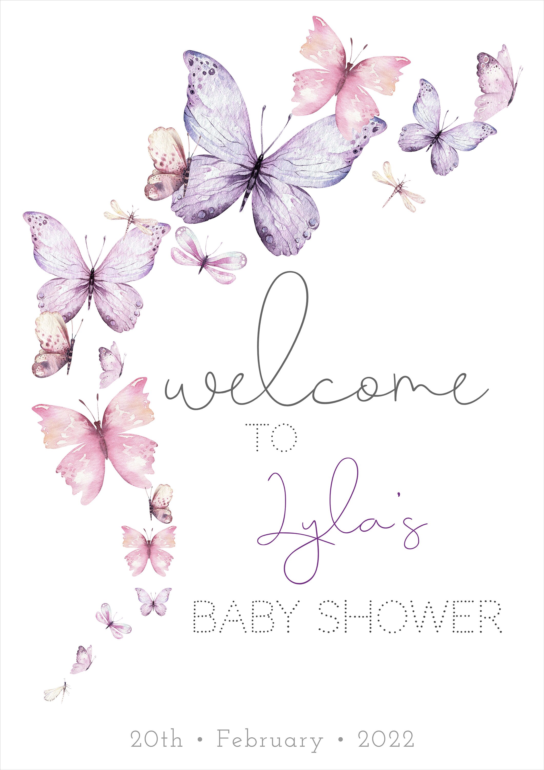 Pink Purple Butterfly Welcome Sign, Custom A1 Baby Shower Sign ...