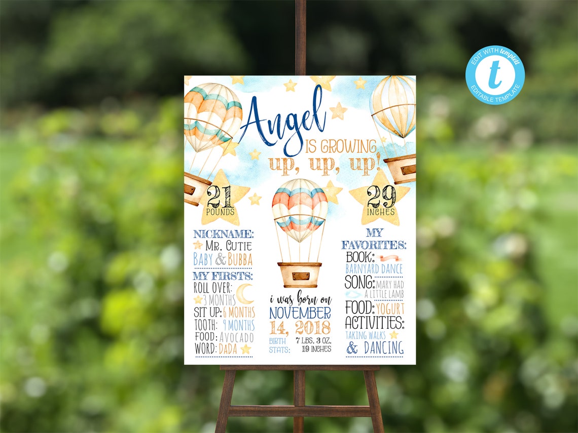 EDITABLE Hot Air Balloon Birthday Board Growing up up up | Etsy