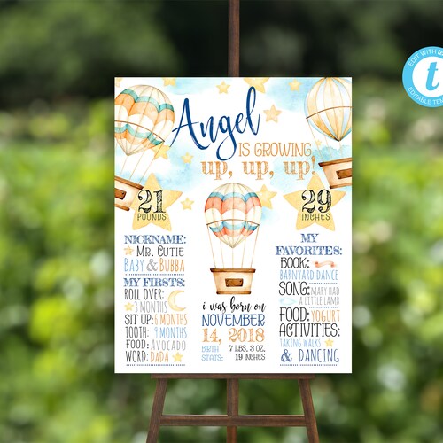 EDITABLE Hot Air Balloon Birthday Board Growing up up up - Etsy