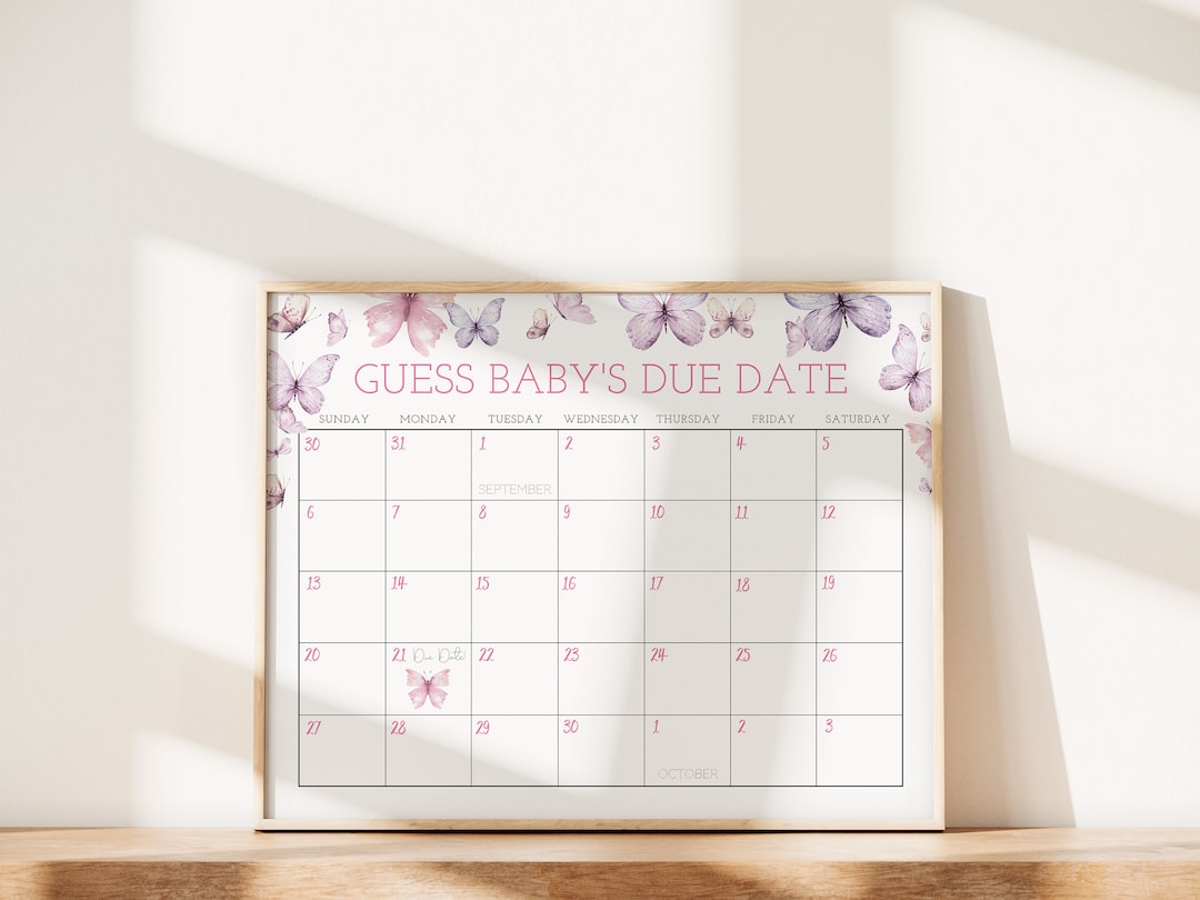 EDITABLE Guess Baby's Due Date Calendar, Pink Purple Butterflies Shower ...