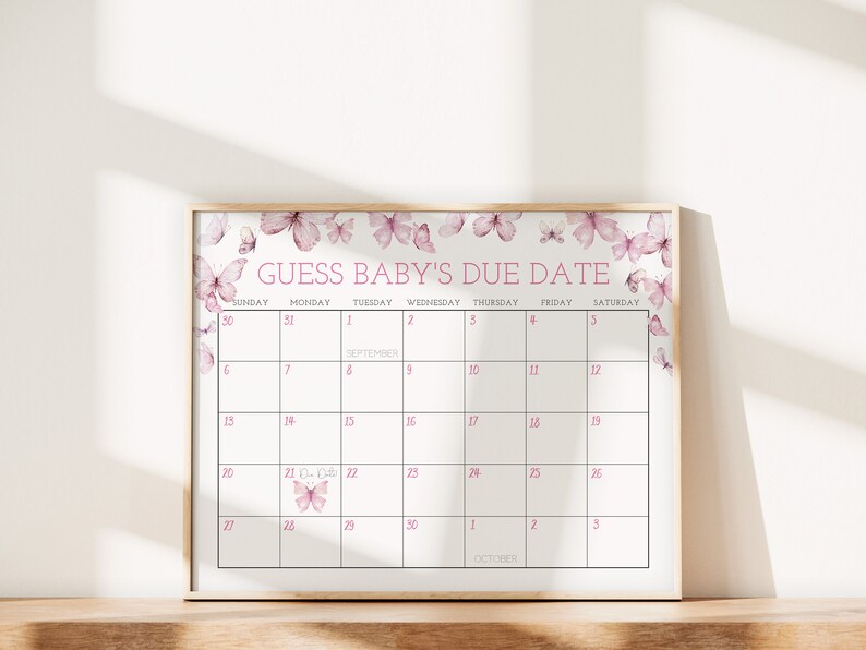 EDITABLE Guess Baby's Due Date Calendar, Pink Butterflies Shower Board ...