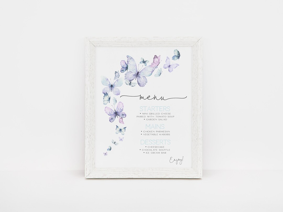Lilac and Blue Butterfly Menu Sign, Baby Shower Menu, Butterfly Kisses ...