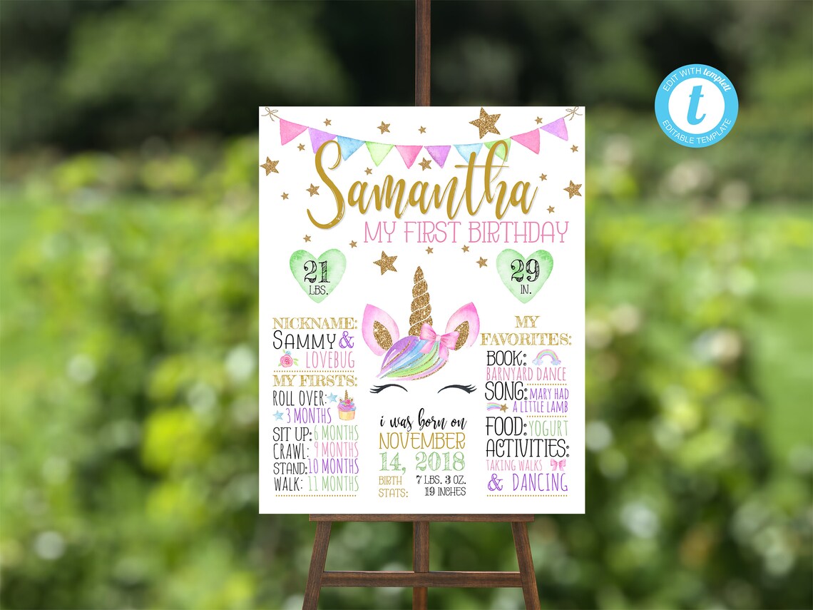 EDITABLE Unicorn Birthday Board, 1st Birthday Milestone, Girl First ...