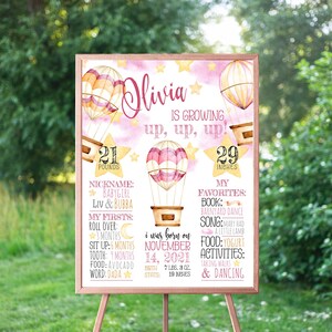 EDITABLE Pink Hot Air Balloon Birthday Board, Growing up up up Board ...