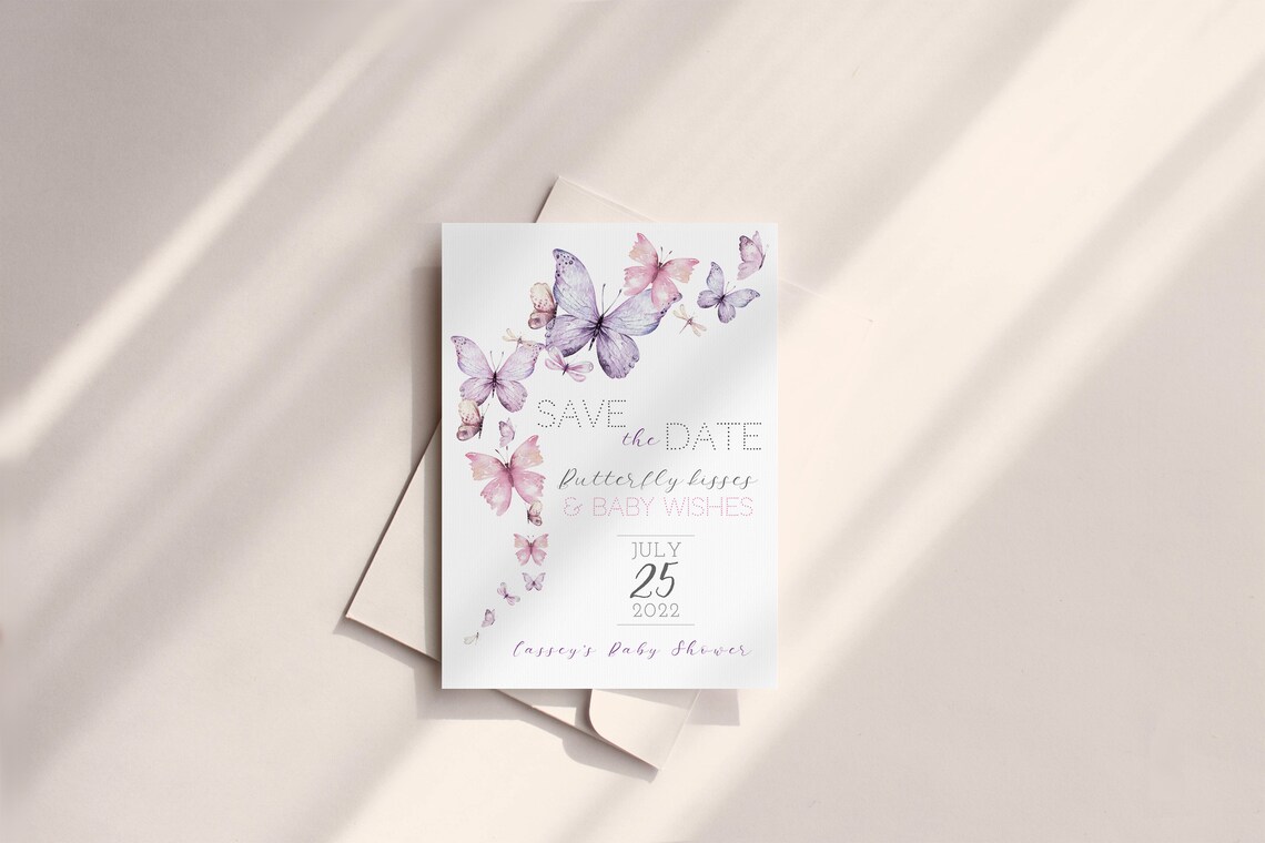 Butterfly Save the Date Invite, Butterfly Kisses and Baby Wishes, Girl ...