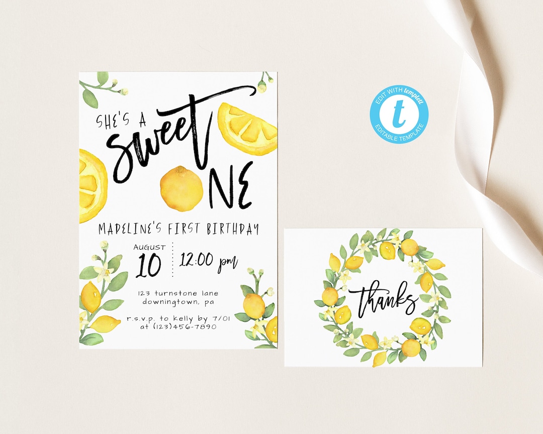 EDITABLE Lemons 1st Birthday Invite, Lemon First Birthday Invitation ...