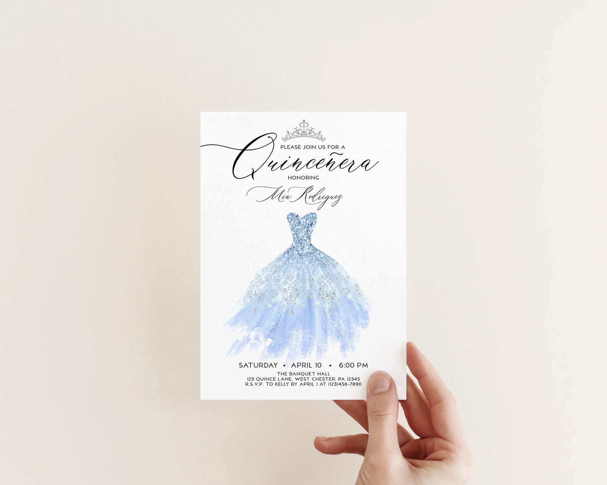 Light Blue Dress Quincenera Invitation, Silver Quince Evite, Blue ...