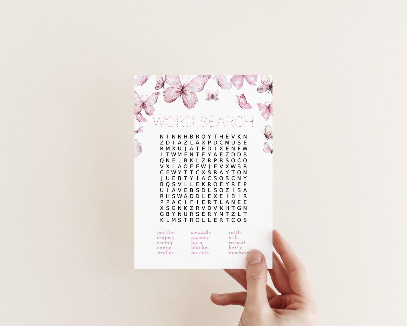 Pink Butterfly Baby Shower Games, Word Search, Baby Bingo, Animal ...