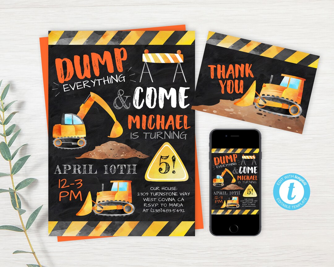 Construction Birthday Invite, Dump Everything & Come Invitation, Under ...