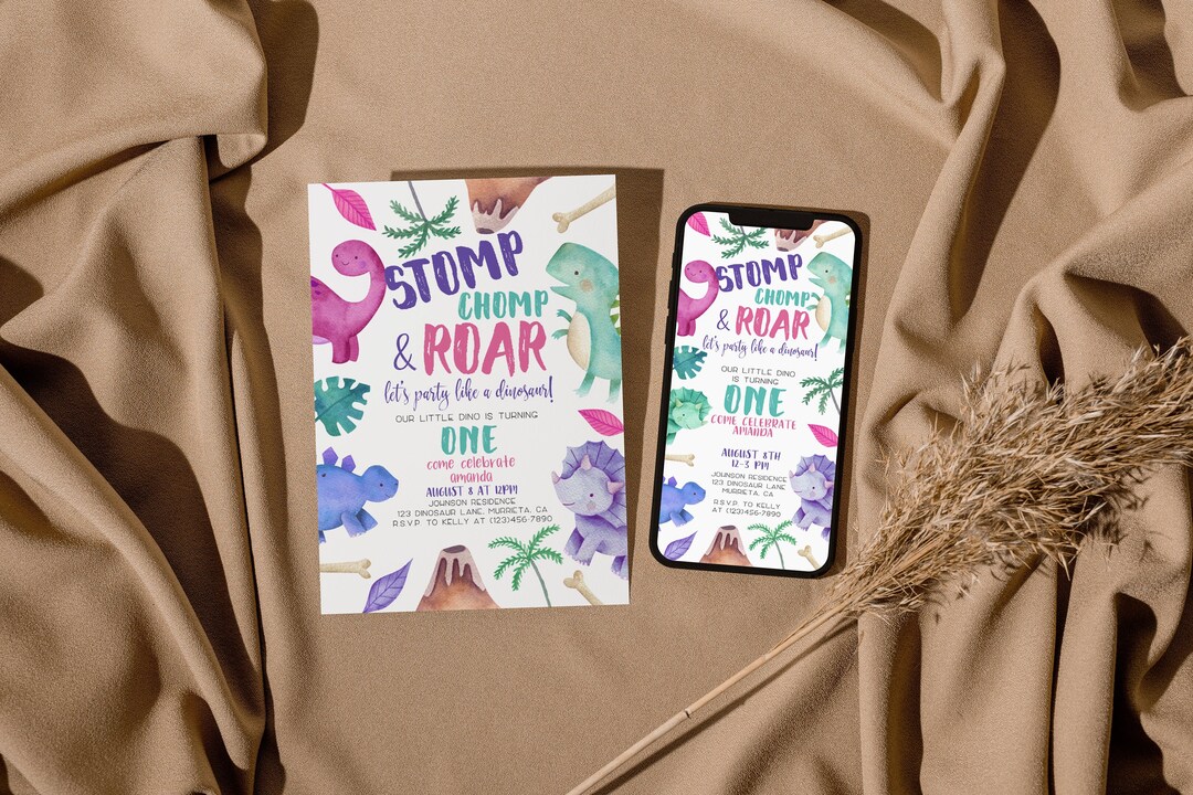 Stomp Chomp and Roar Birthday Invitation, Dinosaur 1st Birthday Evite ...