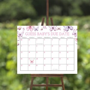 EDITABLE Guess Baby's Due Date Calendar, Pink Purple Butterflies Shower ...