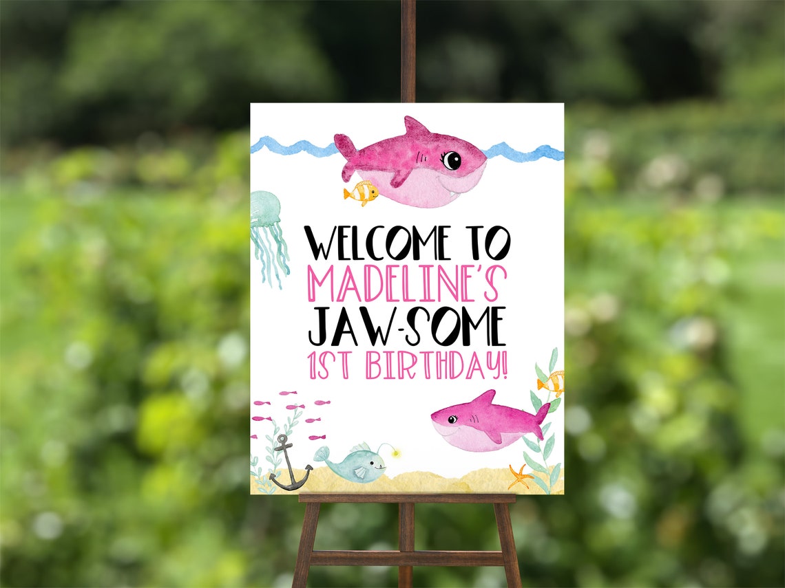 EDITABLE Pink Baby Shark Welcome Sign, Custom Birthday Board, Girl ...